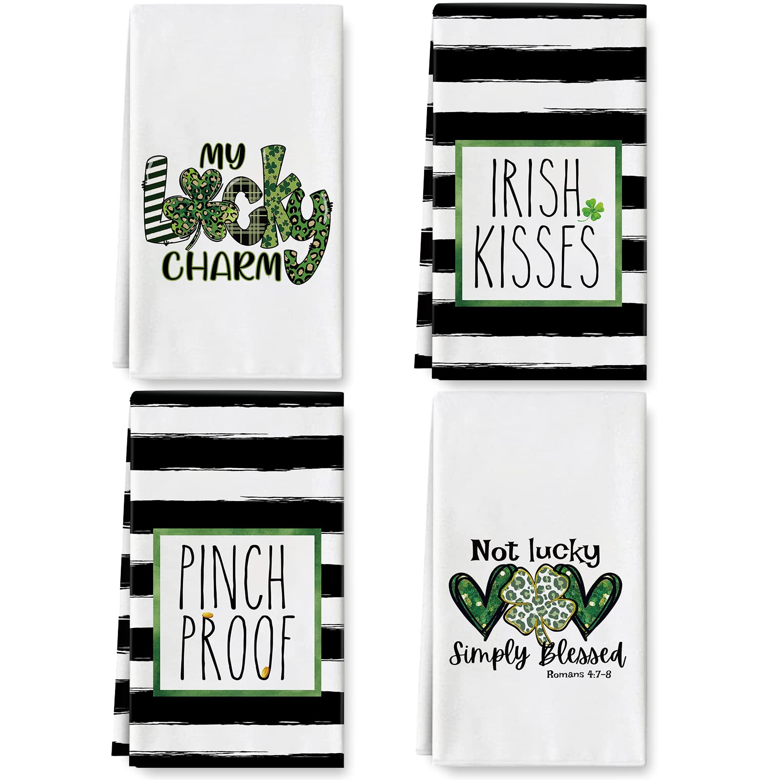 AnyDesign St. Patrick's Day Kitchen Dish Towels White Black Stripes Dishcloth 18 x 28 Lucky Charm Irish Kisses Cloth Tea Towel Seasonal Decorative Hand Towel for Home Farmhouse Cooking Baking, 4Pcs