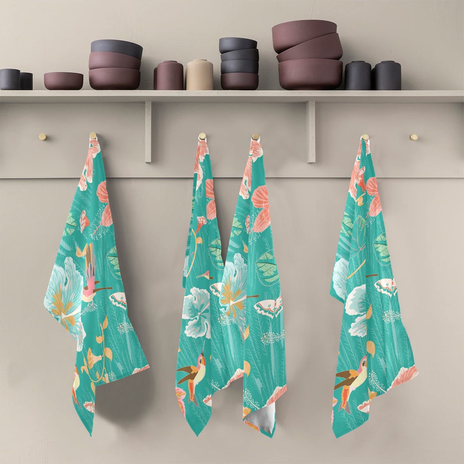 SLHKPNS Bright Hummingbird Butterflies Kitchen Dish Towel Set of 4, Hibiscus Floral Spring 18x28in Absorbent Dishcloth Reusable Cleaning Cloths for Household Use