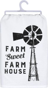 primitives by kathy 39407 black and white cotton dish towel, 28" square, farm sweet farm house