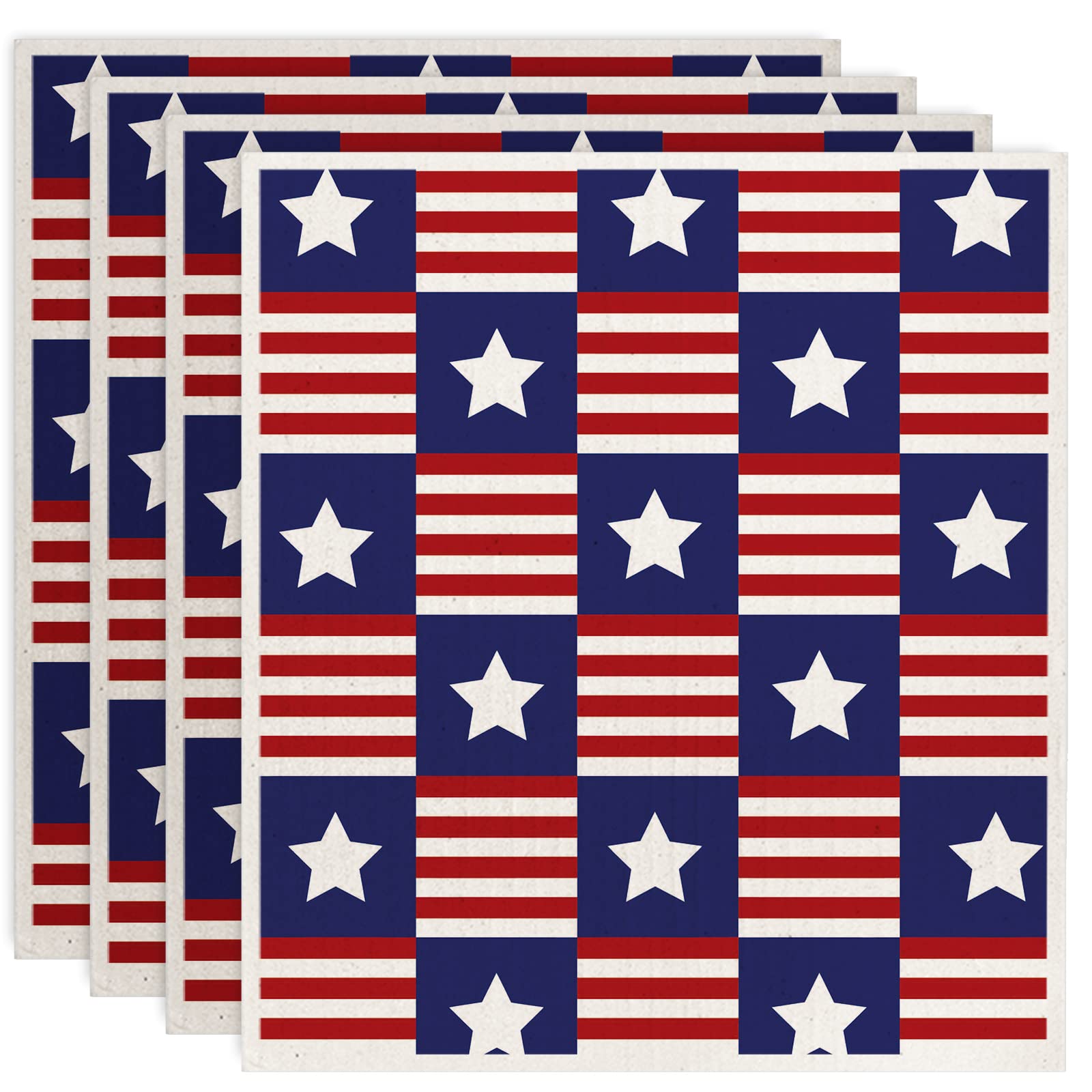 AnyDesign American Flag Swedish Dishcloth Stars Stripes 4th of July Kitchen Towels Reusable Washable Cotton Dish Towels for Independence Day Home Party Cleaning, 7 x 8, 4 Pack