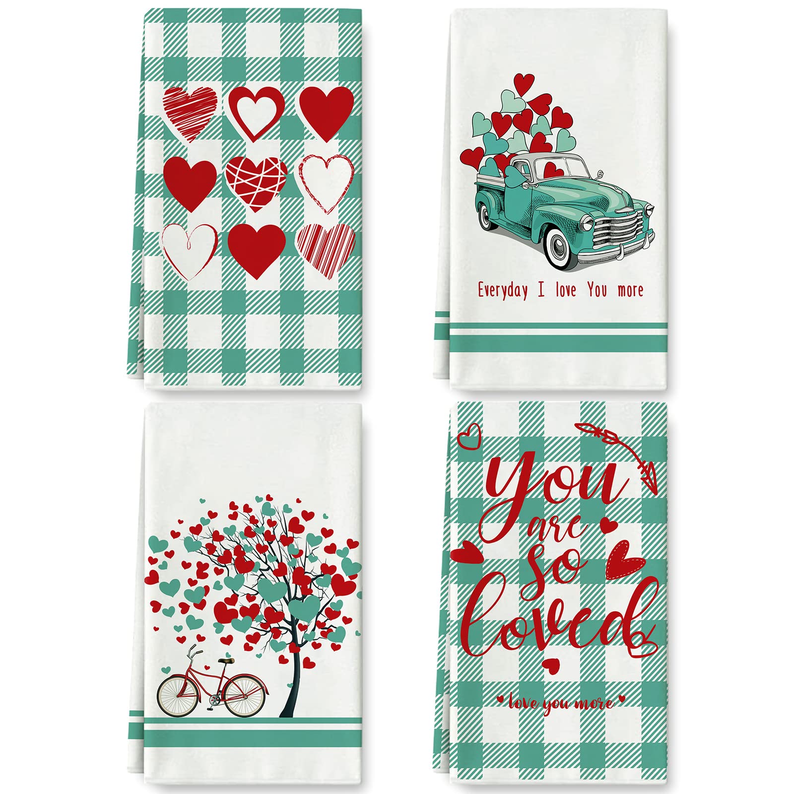 AnyDesign Valentine's Day Kitchen Towel Romantic Heart Love Truck Dish Towel 18 x 28 Inch Blue White Buffalo Plaids Hand Drying Towel Tea Towel for Wedding Anniversary Cooking Baking, Set of 4