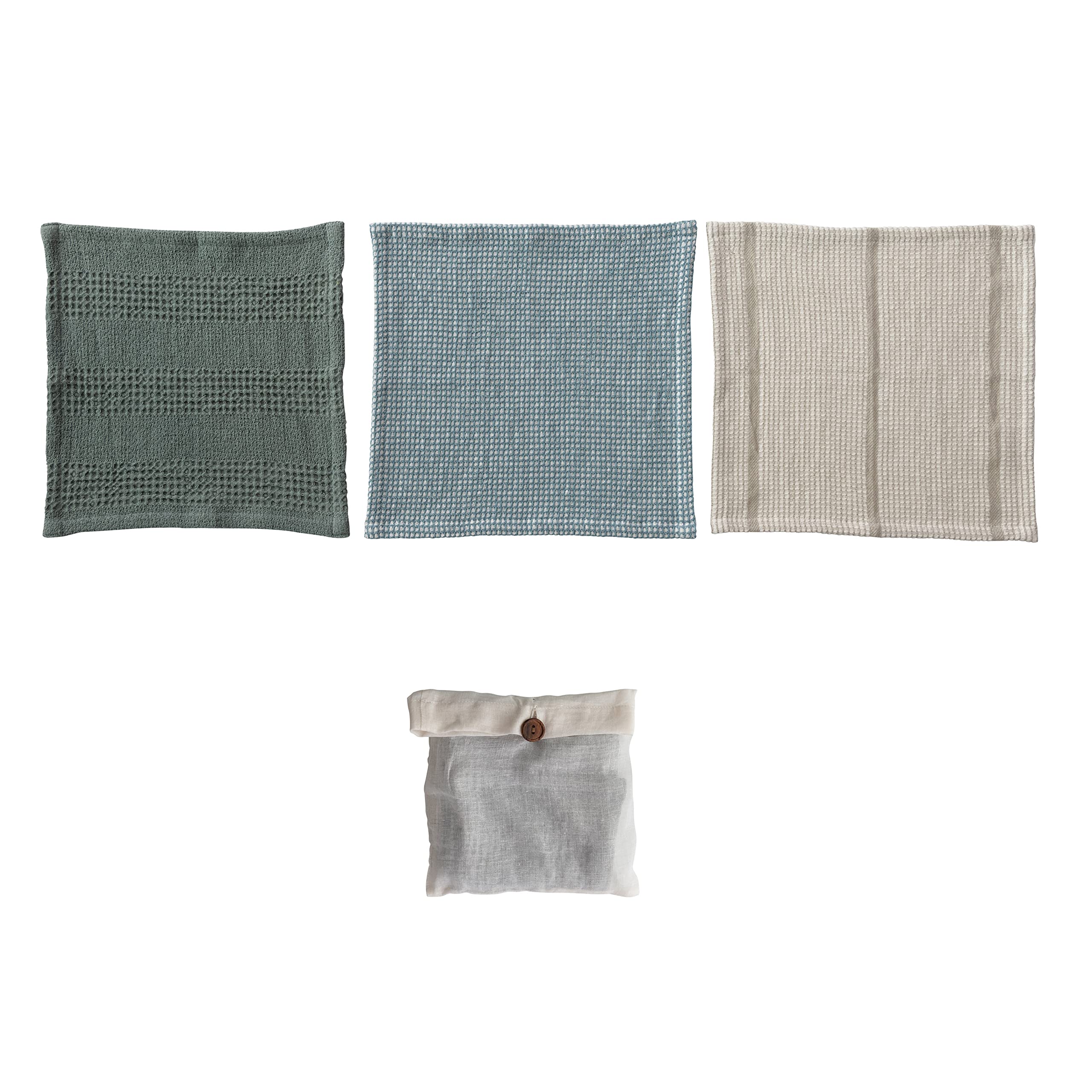 Creative Co-Op Cotton Waffle Weave Dish Cloths with Loop, Blue, Olive, and Cream, Set of 3 in Bag Misc Textiles, 11" L x 11" W x 0" H, Multicolor