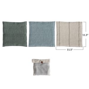 Creative Co-Op Cotton Waffle Weave Dish Cloths with Loop, Blue, Olive, and Cream, Set of 3 in Bag Misc Textiles, 11" L x 11" W x 0" H, Multicolor