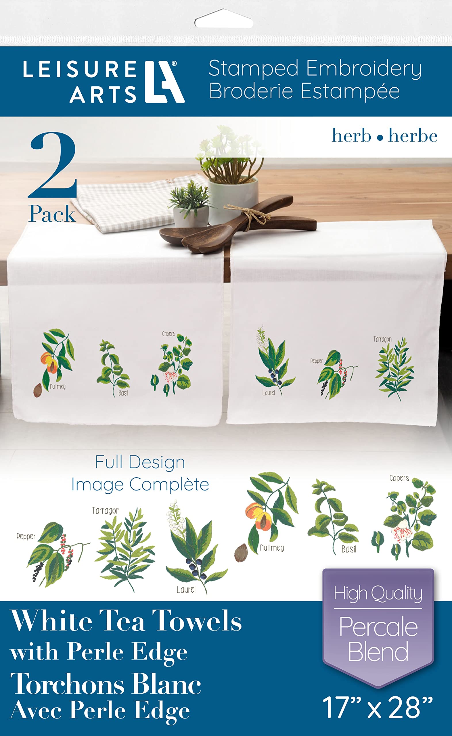 LEISURE ARTS Tea Towel 17"x28" Herb 2pc, Towel Set, Embroidery kit, Bathroom Hand Towels, Kitchen Towel, Cross Stitch Kits, Stamped Cross Stitch Kits