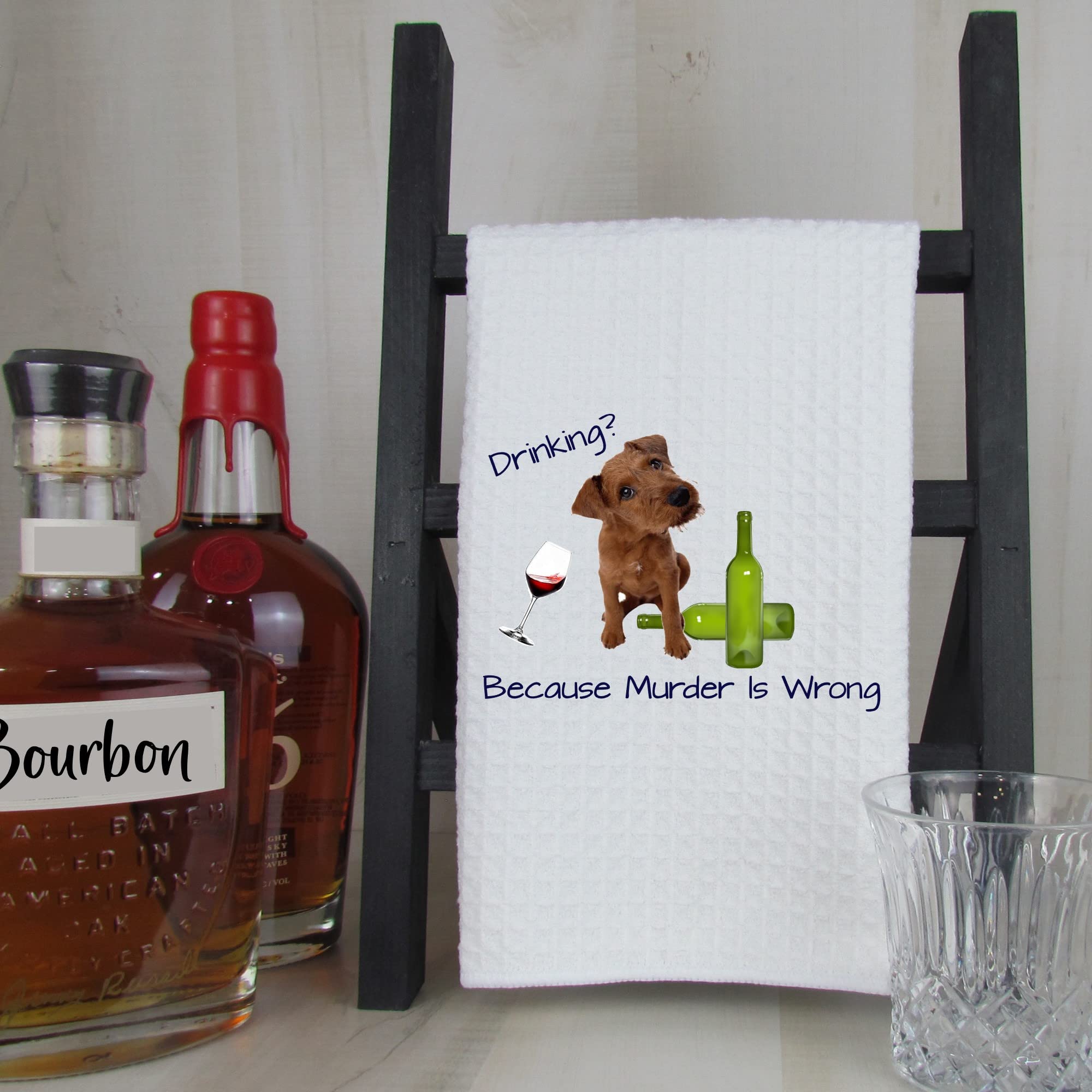 Home Bar, Dish Towels, Kitchen Towel, Tea Towels, Bar Towel, Bourbon, Funny Bar Towel, Bourbon Bar, Bar, House Bar, Funny Dish Towel, Drinking Because Murder is Wrong Wine with Glass