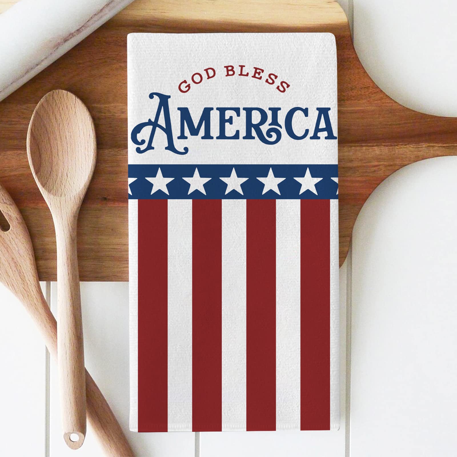 Seliem 4th of July God Bless America Patriotic Kitchen Dish Towel Set of 2, American Independence Day Hand Towel Stripes Drying Baking Cooking Cloth, Summer Holiday USA Kitchen Decor 18x26 Inches