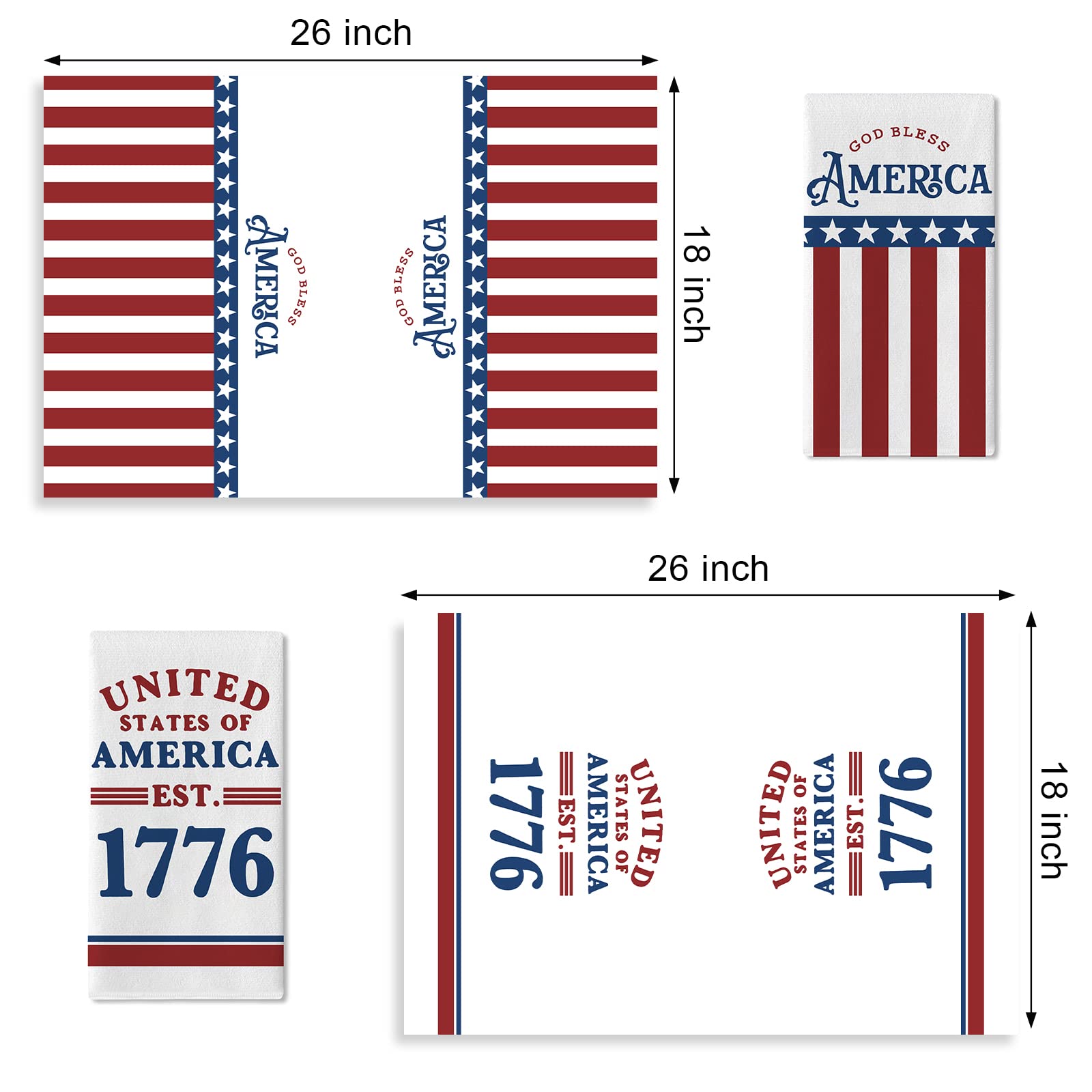 Seliem 4th of July God Bless America Patriotic Kitchen Dish Towel Set of 2, American Independence Day Hand Towel Stripes Drying Baking Cooking Cloth, Summer Holiday USA Kitchen Decor 18x26 Inches