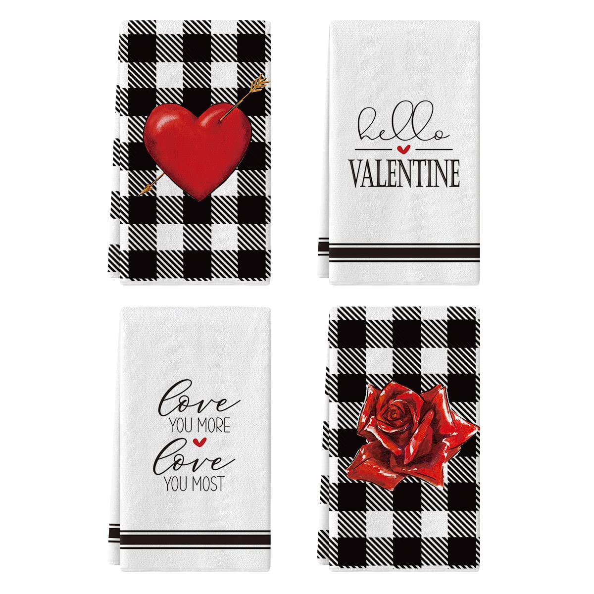 Artoid Mode Watercolor Buffalo Plaid Arrow Love Heart Rose Flower Valentine's Day Kitchen Towels, 18 x 26 Inch Ultra Absorbent Drying Cloth Dish Towels for Cooking Baking Set of 4