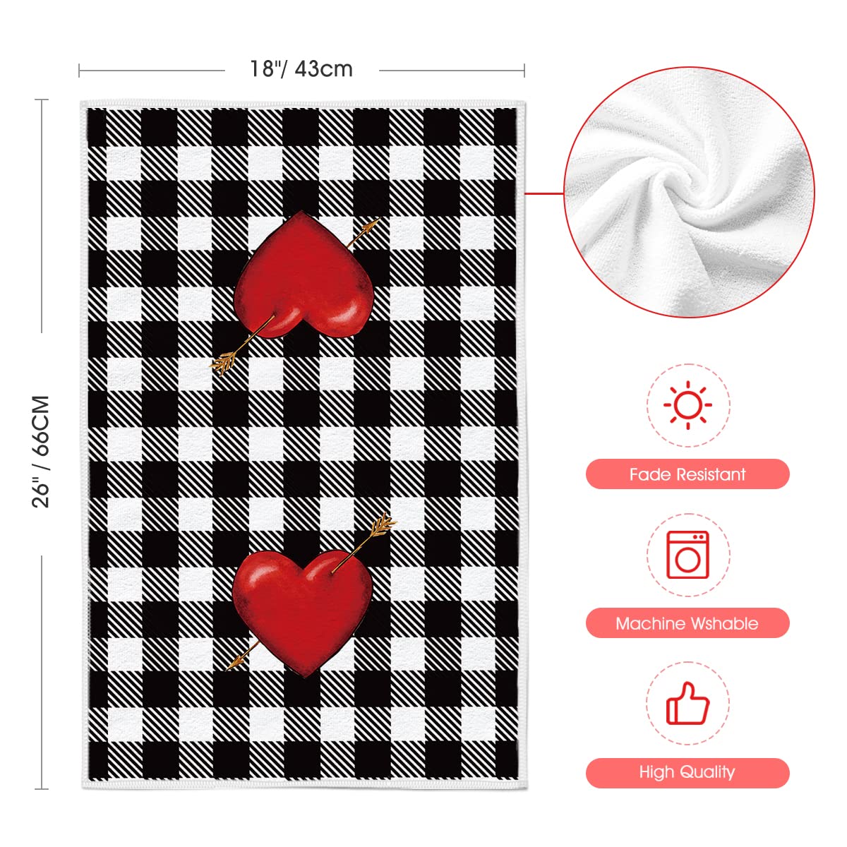 Artoid Mode Watercolor Buffalo Plaid Arrow Love Heart Rose Flower Valentine's Day Kitchen Towels, 18 x 26 Inch Ultra Absorbent Drying Cloth Dish Towels for Cooking Baking Set of 4