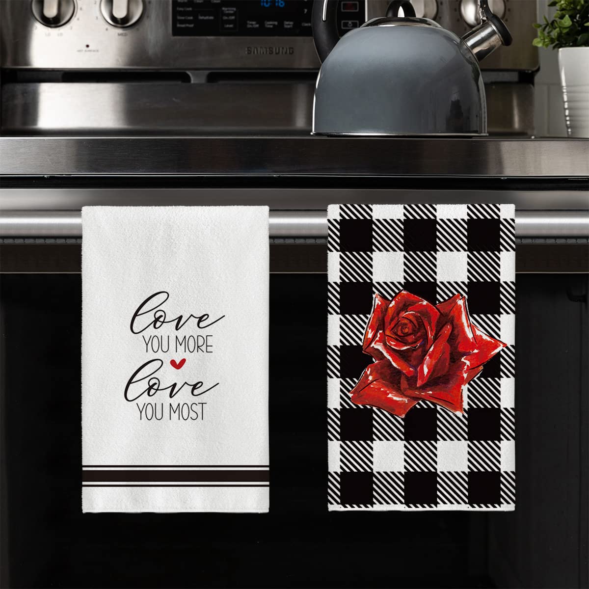 Artoid Mode Watercolor Buffalo Plaid Arrow Love Heart Rose Flower Valentine's Day Kitchen Towels, 18 x 26 Inch Ultra Absorbent Drying Cloth Dish Towels for Cooking Baking Set of 4