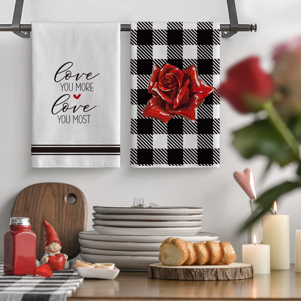 Artoid Mode Watercolor Buffalo Plaid Arrow Love Heart Rose Flower Valentine's Day Kitchen Towels, 18 x 26 Inch Ultra Absorbent Drying Cloth Dish Towels for Cooking Baking Set of 4