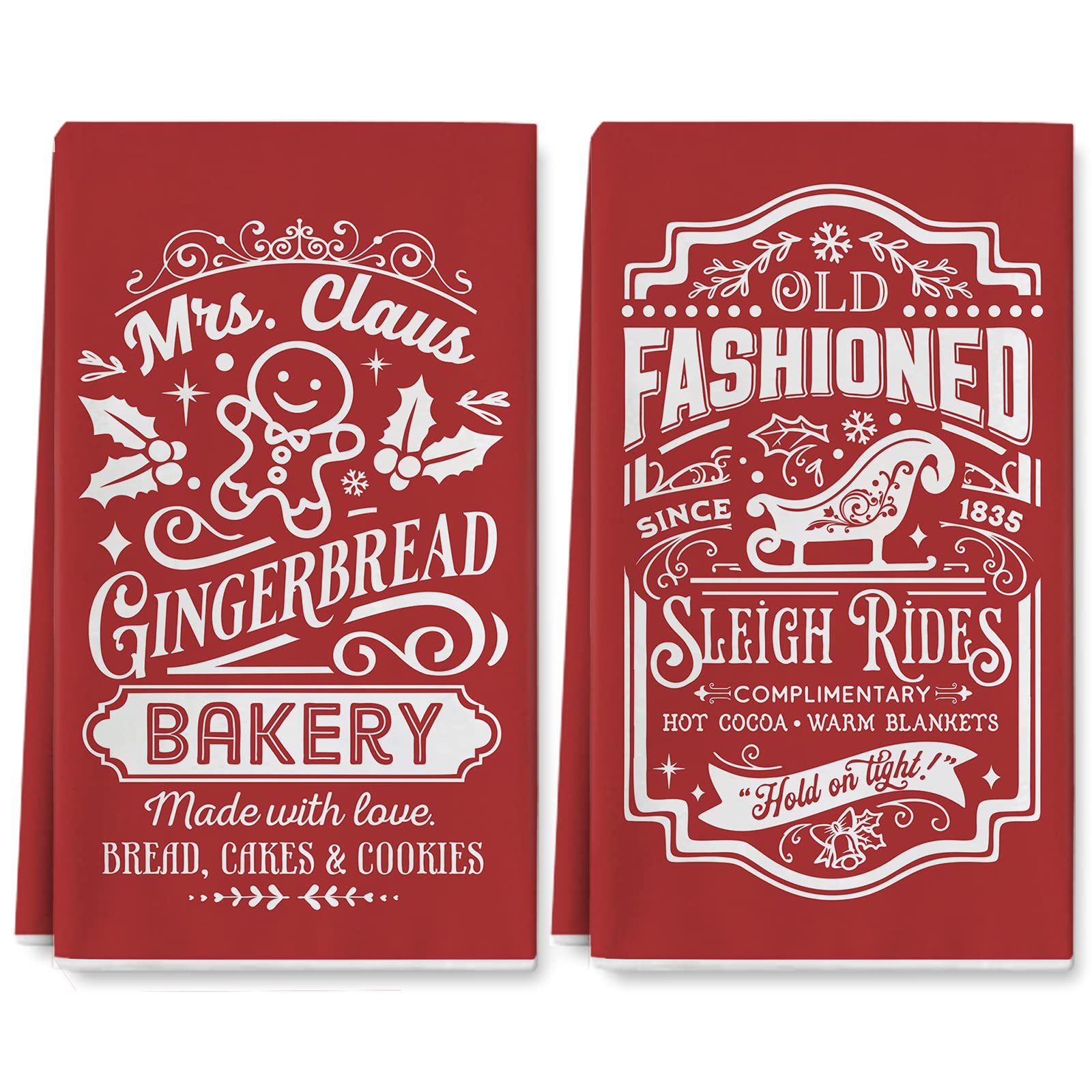 AnyDesign Merry Christmas Kitchen Towel Red Farmhouse Dish Towel 18 x 28 Inch Gingerbread Sleigh Rides Tea Towel Hand Drying Towel for Home Party Cooking Baking, 2 Packs