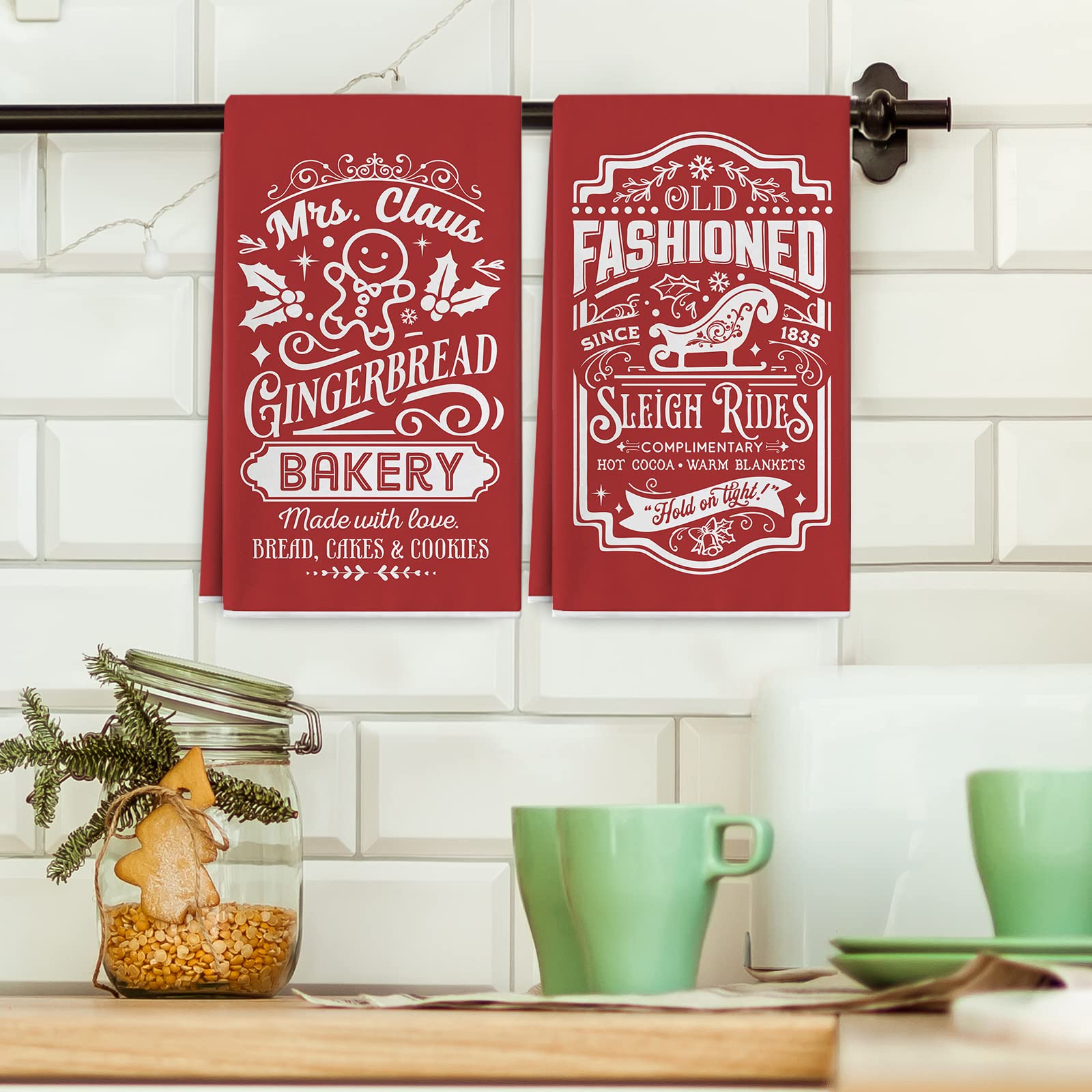 AnyDesign Merry Christmas Kitchen Towel Red Farmhouse Dish Towel 18 x 28 Inch Gingerbread Sleigh Rides Tea Towel Hand Drying Towel for Home Party Cooking Baking, 2 Packs