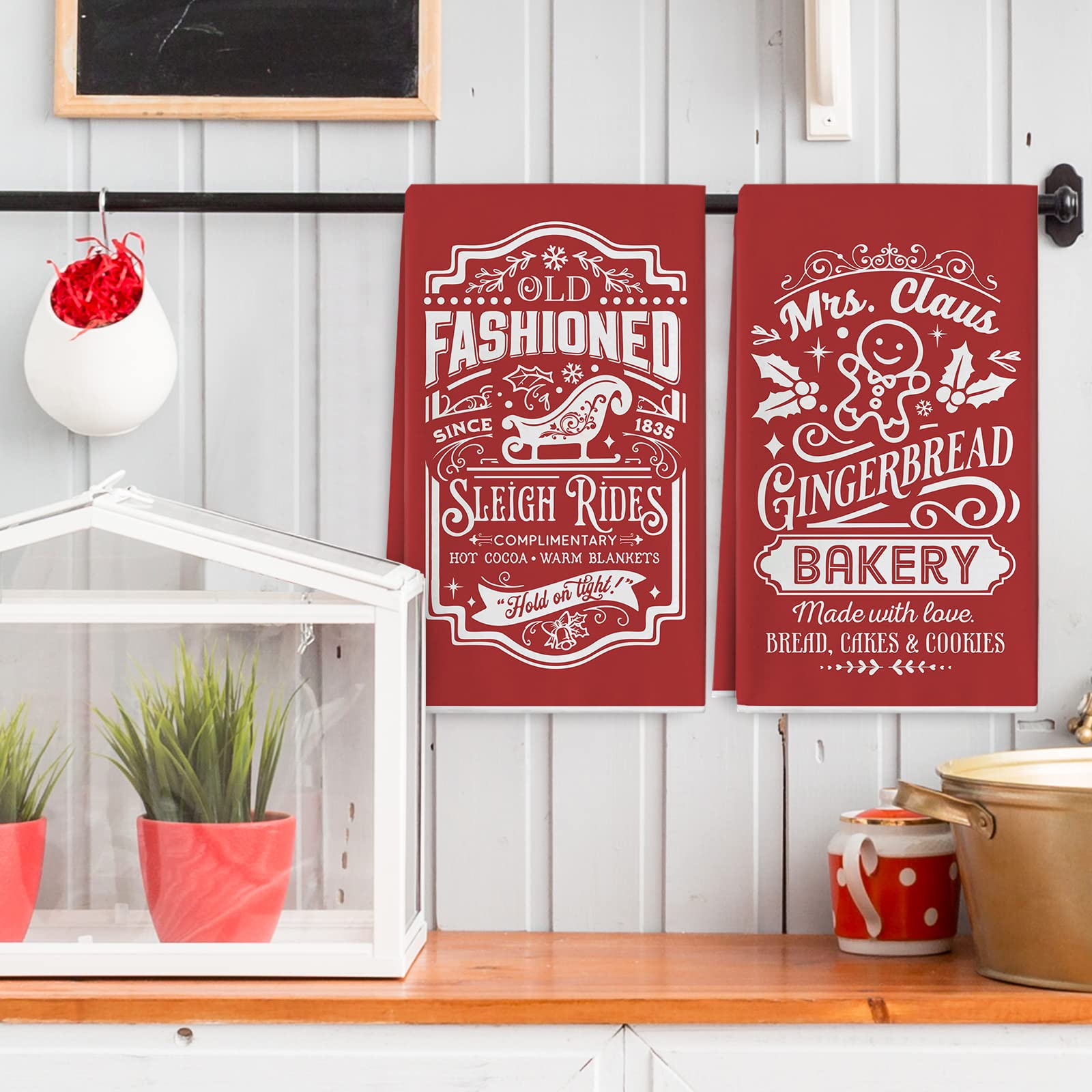 AnyDesign Merry Christmas Kitchen Towel Red Farmhouse Dish Towel 18 x 28 Inch Gingerbread Sleigh Rides Tea Towel Hand Drying Towel for Home Party Cooking Baking, 2 Packs