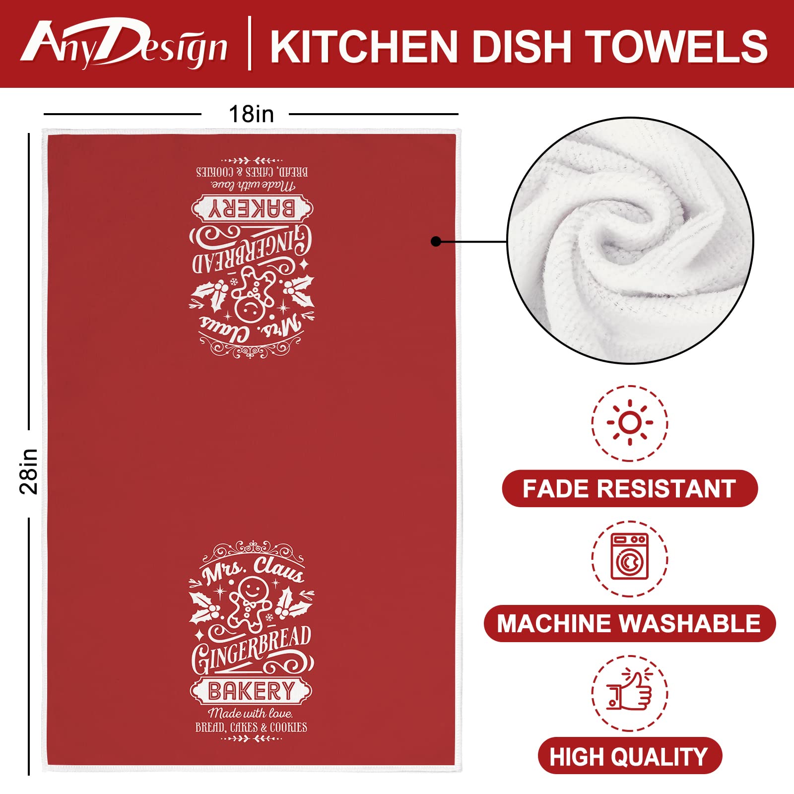 AnyDesign Merry Christmas Kitchen Towel Red Farmhouse Dish Towel 18 x 28 Inch Gingerbread Sleigh Rides Tea Towel Hand Drying Towel for Home Party Cooking Baking, 2 Packs