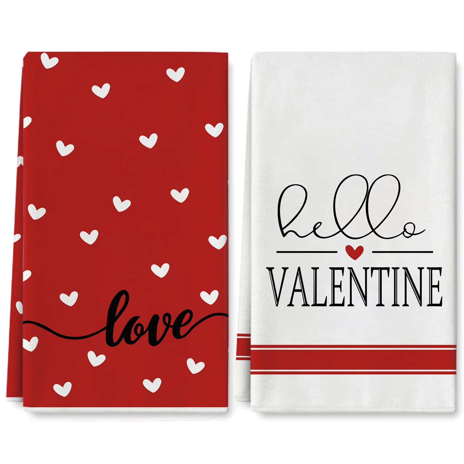 AnyDesign Valentine's Day Kitchen Towels 18 x 28 Inch Red White Hearts Dish Towel Sweet Love Hello Valentine Hand Drying Tea Towel for Wedding Anniversary Cooking Baking, 2Pcs