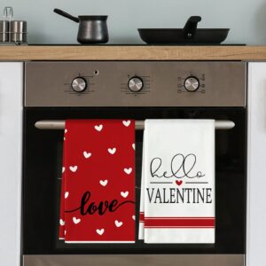 AnyDesign Valentine's Day Kitchen Towels 18 x 28 Inch Red White Hearts Dish Towel Sweet Love Hello Valentine Hand Drying Tea Towel for Wedding Anniversary Cooking Baking, 2Pcs