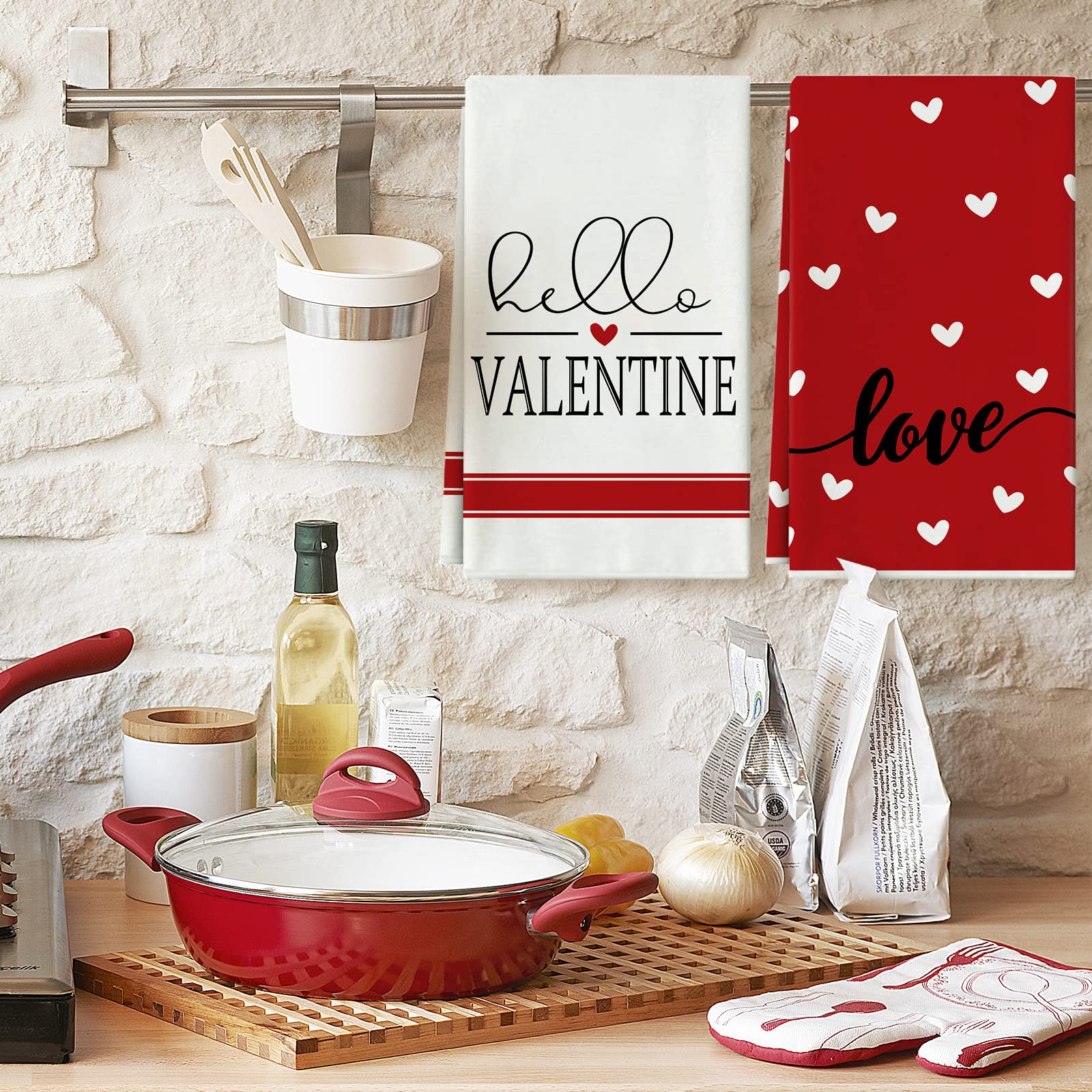 AnyDesign Valentine's Day Kitchen Towels 18 x 28 Inch Red White Hearts Dish Towel Sweet Love Hello Valentine Hand Drying Tea Towel for Wedding Anniversary Cooking Baking, 2Pcs