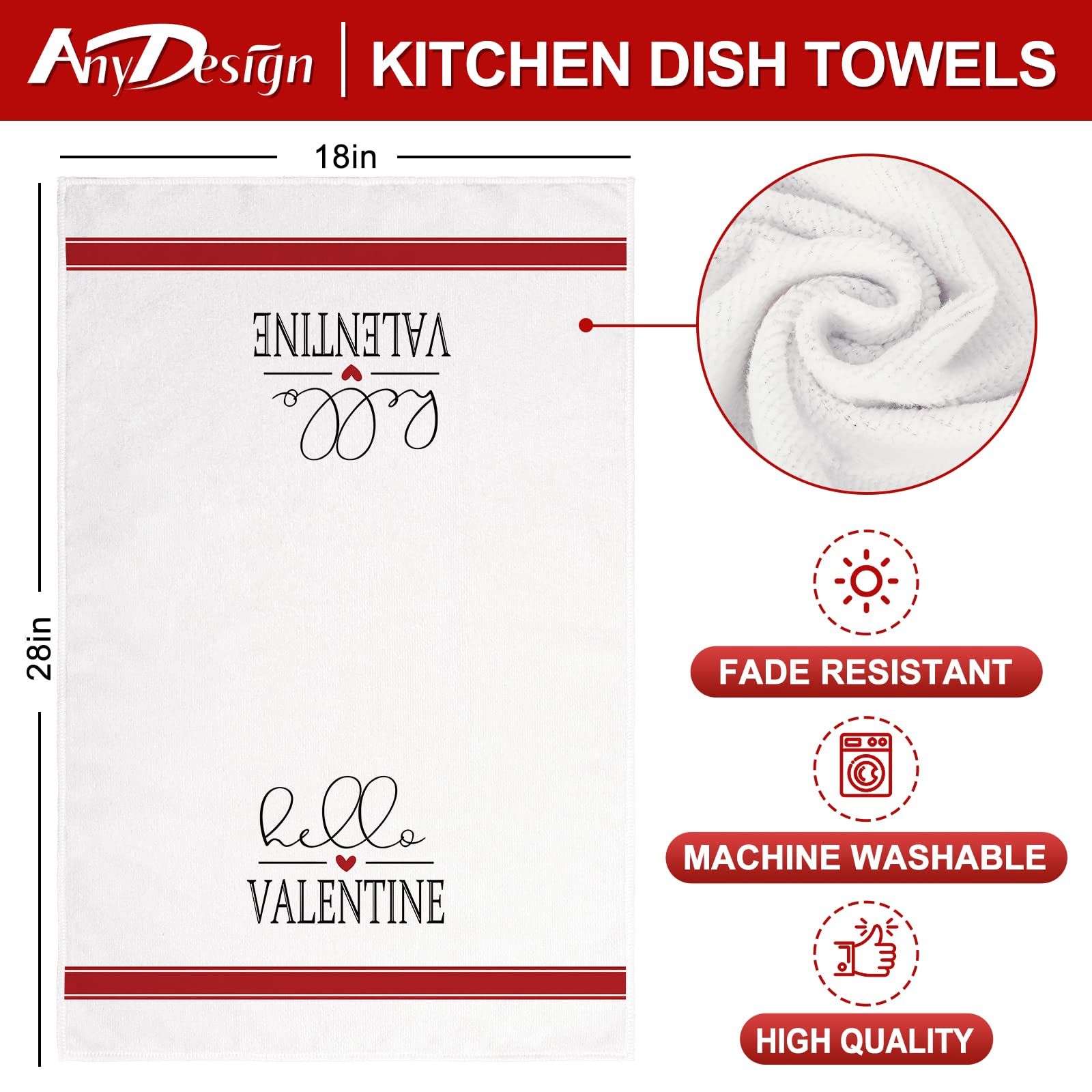 AnyDesign Valentine's Day Kitchen Towels 18 x 28 Inch Red White Hearts Dish Towel Sweet Love Hello Valentine Hand Drying Tea Towel for Wedding Anniversary Cooking Baking, 2Pcs