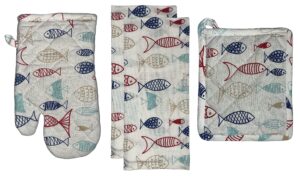 set of 4, 100% cotton, coastal nautical fish design, kitchen towel set, include 2 kitchen towels, 1 pot holder & 1 ovenmitt