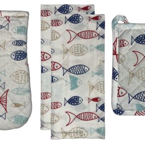 Set of 4, 100% Cotton, Coastal Nautical Fish Design, Kitchen Towel Set, Include 2 Kitchen Towels, 1 Pot Holder & 1 Ovenmitt