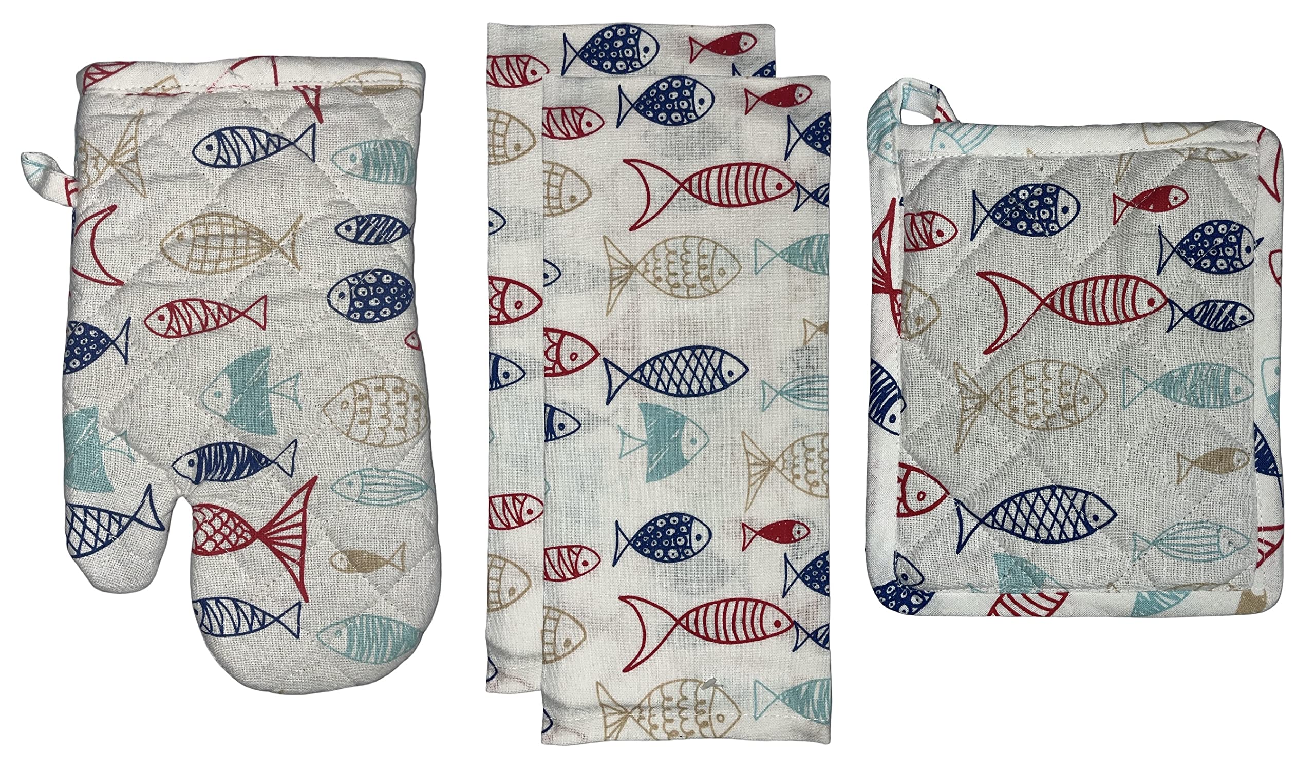 Set of 4, 100% Cotton, Coastal Nautical Fish Design, Kitchen Towel Set, Include 2 Kitchen Towels, 1 Pot Holder & 1 Ovenmitt