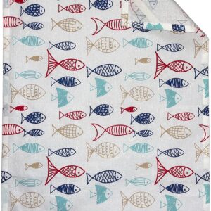 Set of 4, 100% Cotton, Coastal Nautical Fish Design, Kitchen Towel Set, Include 2 Kitchen Towels, 1 Pot Holder & 1 Ovenmitt