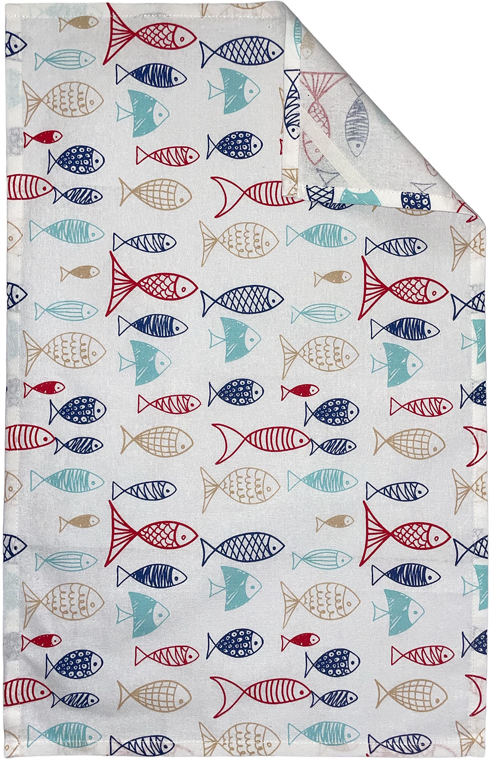 Set of 4, 100% Cotton, Coastal Nautical Fish Design, Kitchen Towel Set, Include 2 Kitchen Towels, 1 Pot Holder & 1 Ovenmitt