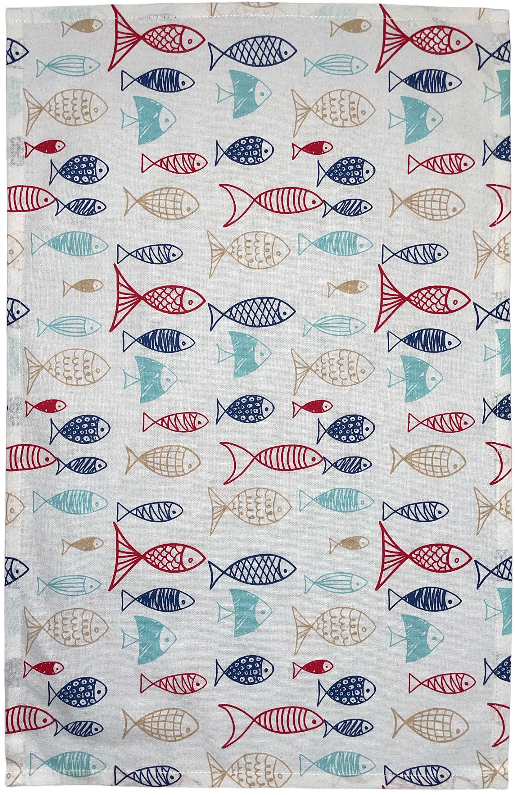 Set of 4, 100% Cotton, Coastal Nautical Fish Design, Kitchen Towel Set, Include 2 Kitchen Towels, 1 Pot Holder & 1 Ovenmitt