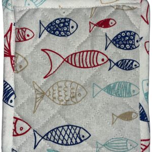 Set of 4, 100% Cotton, Coastal Nautical Fish Design, Kitchen Towel Set, Include 2 Kitchen Towels, 1 Pot Holder & 1 Ovenmitt