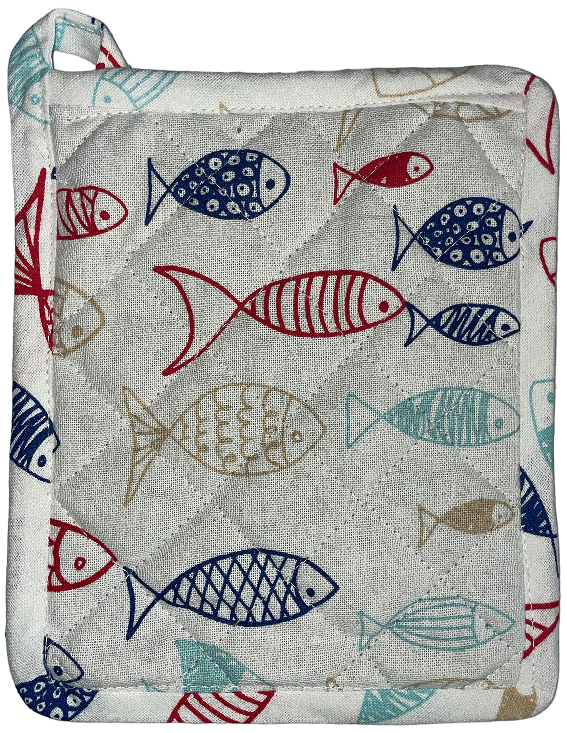 Set of 4, 100% Cotton, Coastal Nautical Fish Design, Kitchen Towel Set, Include 2 Kitchen Towels, 1 Pot Holder & 1 Ovenmitt