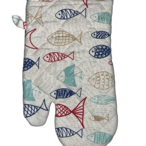 Set of 4, 100% Cotton, Coastal Nautical Fish Design, Kitchen Towel Set, Include 2 Kitchen Towels, 1 Pot Holder & 1 Ovenmitt