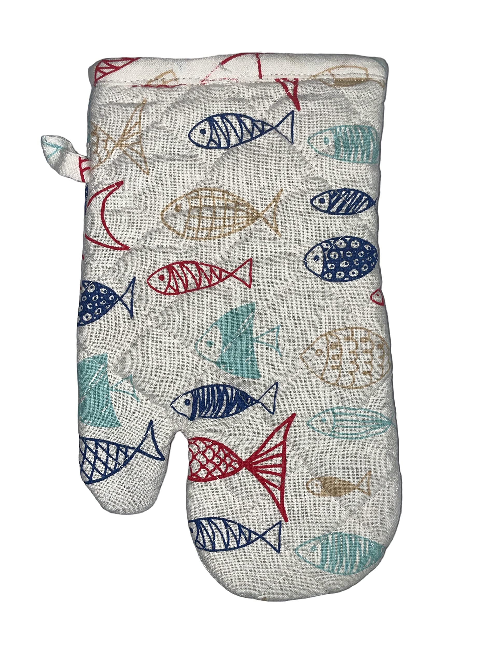 Set of 4, 100% Cotton, Coastal Nautical Fish Design, Kitchen Towel Set, Include 2 Kitchen Towels, 1 Pot Holder & 1 Ovenmitt