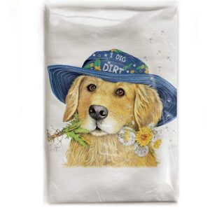 mary lake-thompson golden retriever with garden hat cotton flour sack dish towel