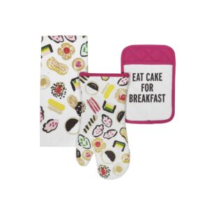 kate spade eat cake for breakfast kitchen towel, oven mitt, and pot holder set, multi-color