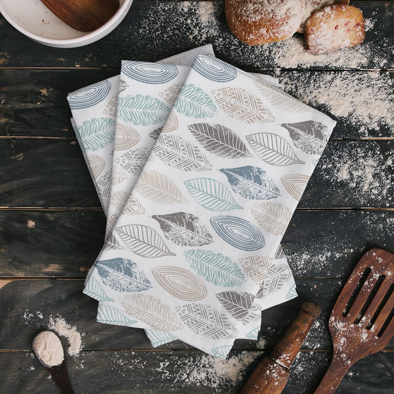 Kitchen Dish Towel Set of 4, Leaves Specimens Blue Khaki Teal Grey White Background Hand Towels, Ultra Soft Absorbent Drying Cloth Tea Towels for Kitchen, Bathroom, Bar, Hotel (18 x 28 inches)