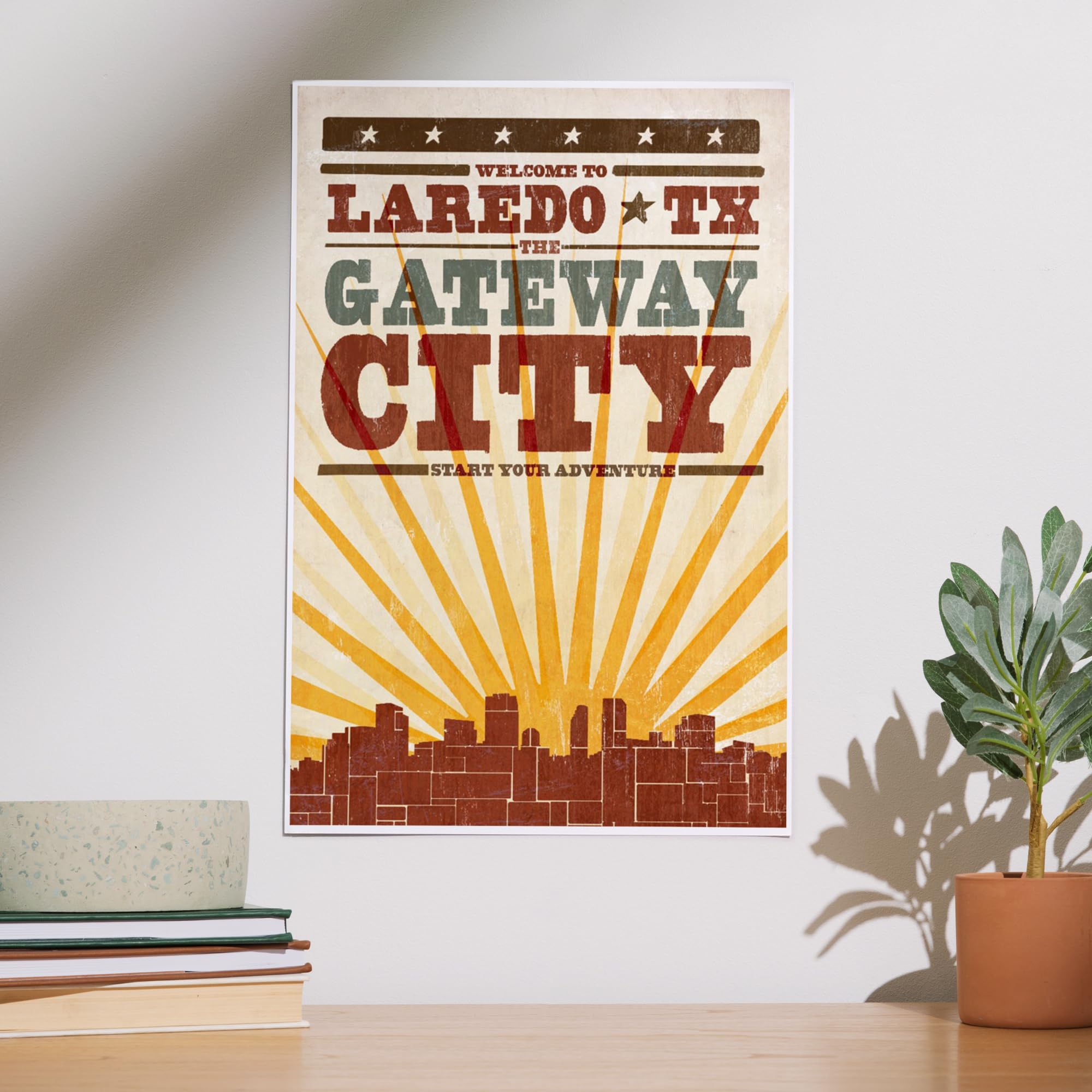 Laredo, Texas, Skyline and Sunburst Screenprint Style (12x18 Art Print, Travel Poster Wall Decor)