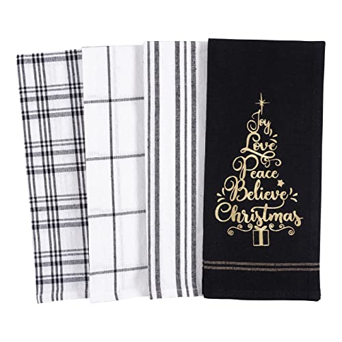 KAF Home Pantry Holiday Black Gold Christmas Tree Words Kitchen Dish Towel Set of 4, Cotton Rich, 18 x 28-inch