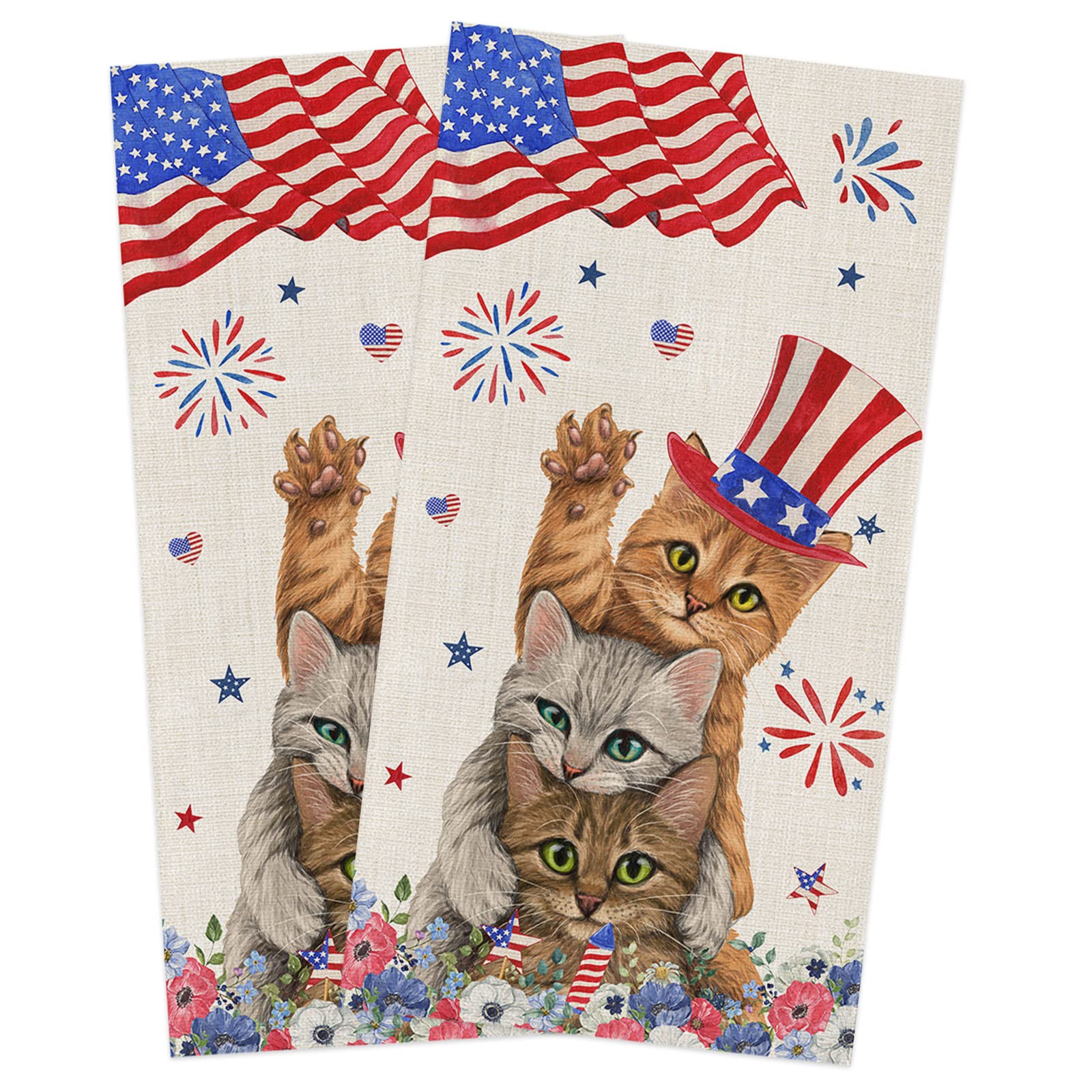 4th of July Kitchen Towels Set American Flag Cats Patriotic Hand Towel Poppy Hat Stripes Stars Dish Towel 2 Pack Absorbent Soft Dish Cloths Tea Towels for Summer BBQ Memorial Day Independence Day