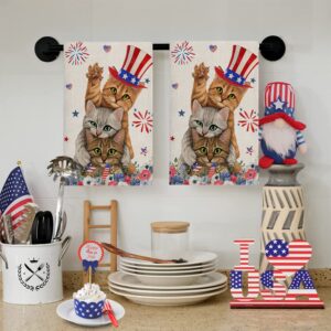 4th of July Kitchen Towels Set American Flag Cats Patriotic Hand Towel Poppy Hat Stripes Stars Dish Towel 2 Pack Absorbent Soft Dish Cloths Tea Towels for Summer BBQ Memorial Day Independence Day