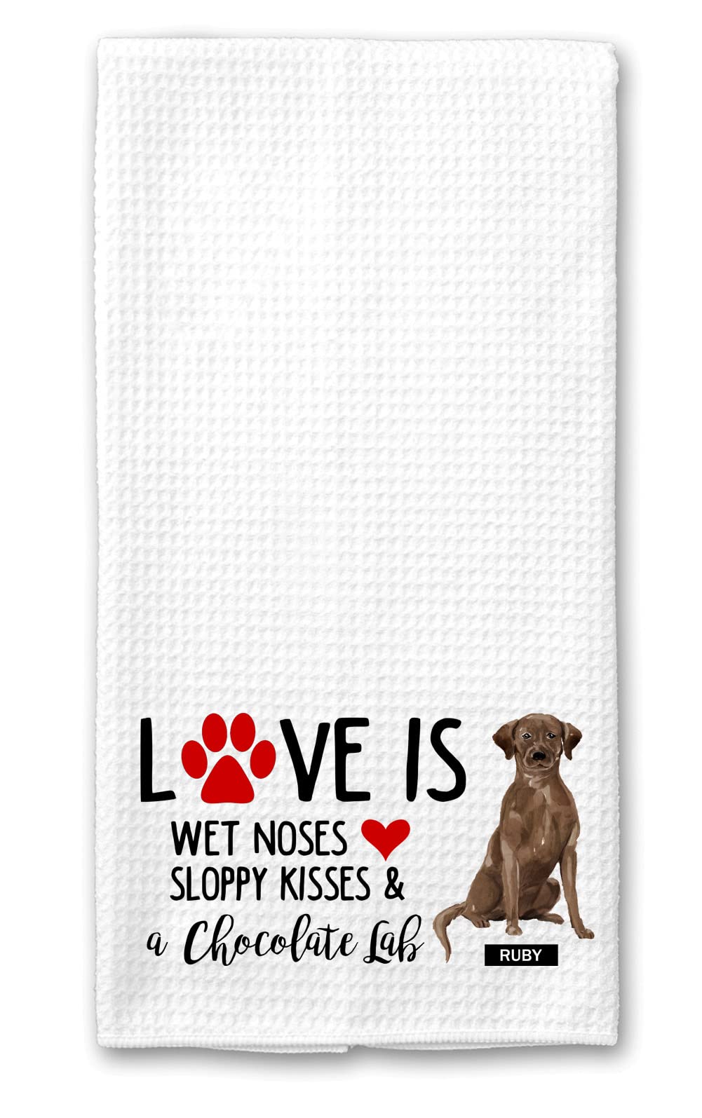 The Creating Studio Personalized Love is Wet Noses Sloppy Kisses and a Chocolate Labrador Retriever Waffle Kitchen Towel -15"x25" Housewarming Gift, Dog Lover Gift