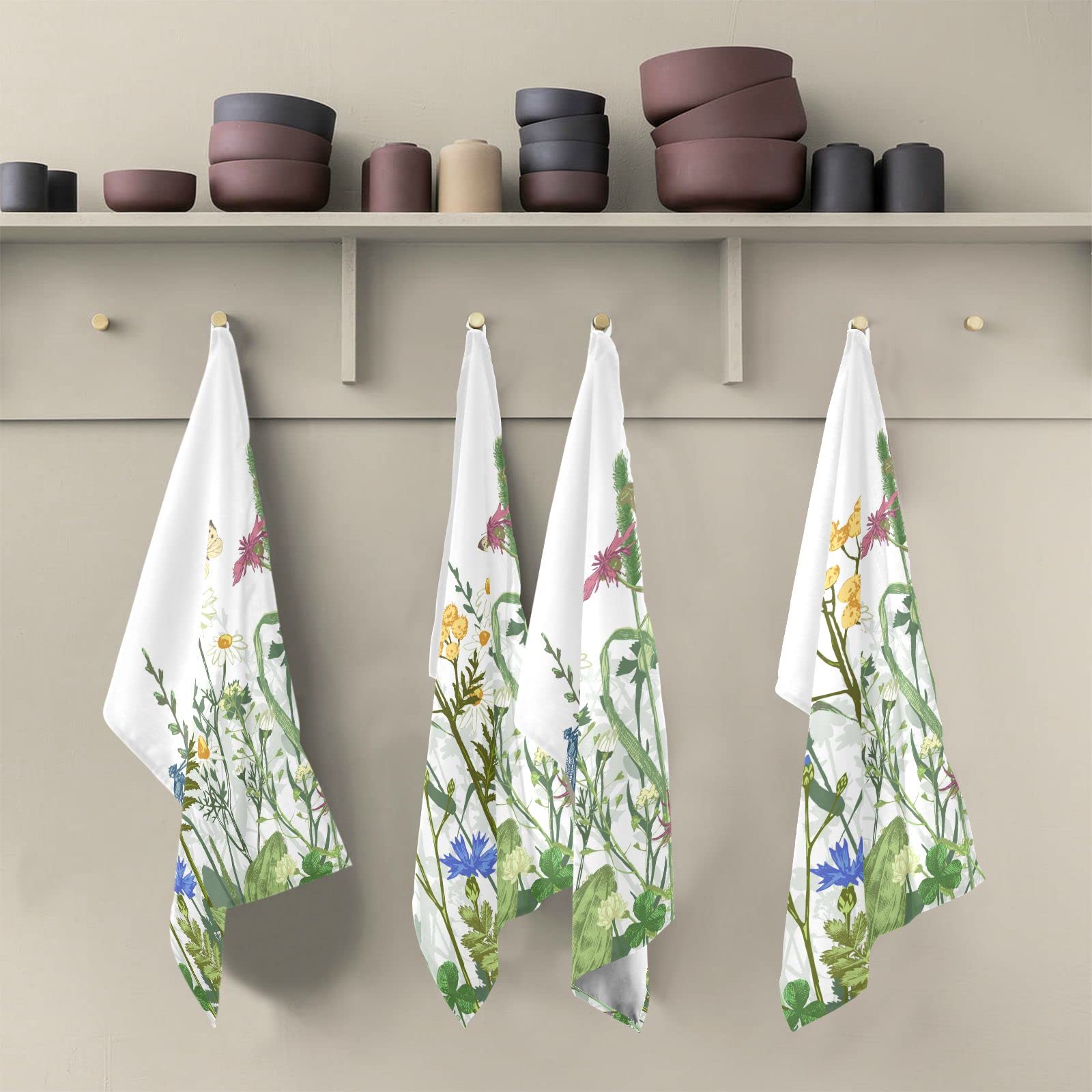 Moudou Herb Wildflowers Kitchen Dish Towel Set of 4, Soft Absorbent Hanging Fast Drying Dishcloths Tea Bar Towels, 18 x 28 Inch