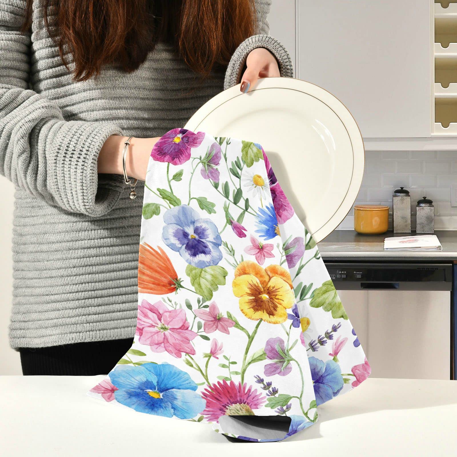 Summer Pansy Flowers Dish Towels for Kitchen Soft Tea Towel Set of 4 Absorbent Dishcloths Hand Towels for Drying Dish Cloths 28" x 18"