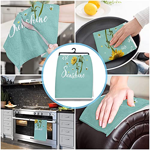 Infinidesign Sunshine You are My Sunflower Hanging Dish Towels for Kitchen Teal Green Absorbent Kitchen Hand Towels Quick Dry Towel for Bathroom Laundry Room Home Decor