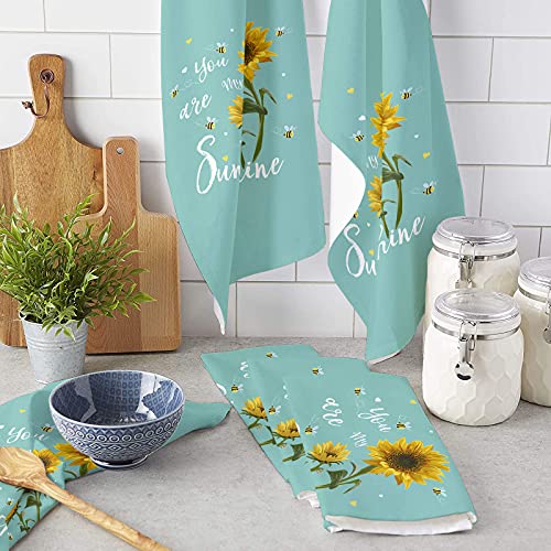 Infinidesign Sunshine You are My Sunflower Hanging Dish Towels for Kitchen Teal Green Absorbent Kitchen Hand Towels Quick Dry Towel for Bathroom Laundry Room Home Decor