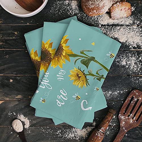 Infinidesign Sunshine You are My Sunflower Hanging Dish Towels for Kitchen Teal Green Absorbent Kitchen Hand Towels Quick Dry Towel for Bathroom Laundry Room Home Decor