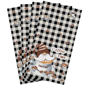 leokoti coffee time kitchen towels, absorbent dish cloths hand towels for bathroom, gnomes coffee beans black white plaid decorative dish towels tea towels bar towels 18"x28", 4 pack