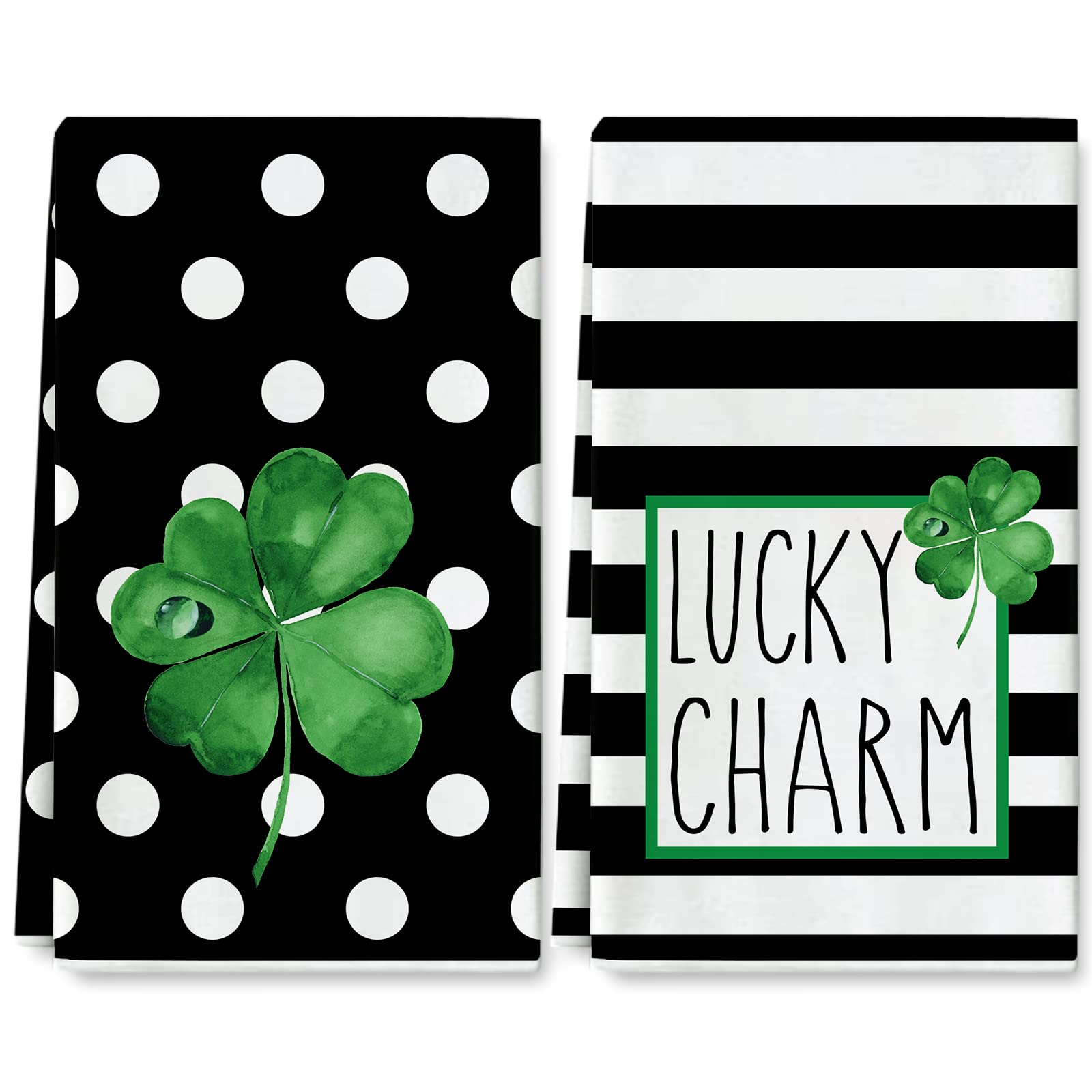 AnyDesign St. Patrick's Day Kitchen Towel Lucky Shamrock Clover Dish Towel White Black Stripes Dots Hand Drying Tea Towel for Cooking Baking Cleaning Wipes, 18 x 28 Inch, Set of 2