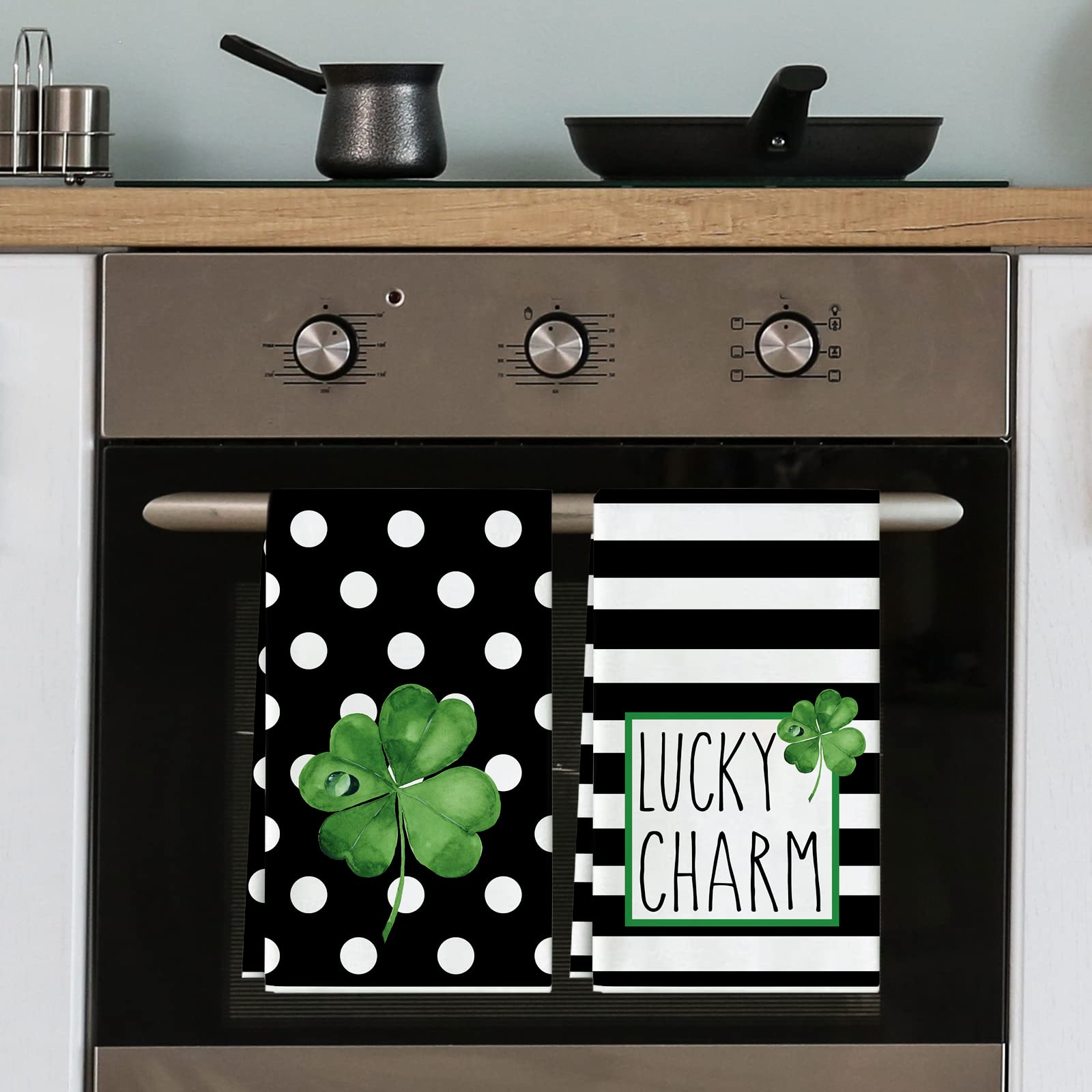 AnyDesign St. Patrick's Day Kitchen Towel Lucky Shamrock Clover Dish Towel White Black Stripes Dots Hand Drying Tea Towel for Cooking Baking Cleaning Wipes, 18 x 28 Inch, Set of 2