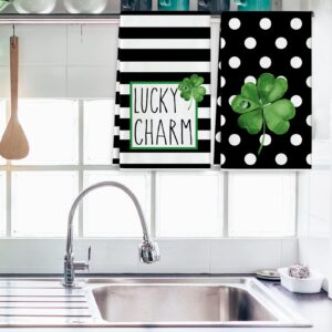 AnyDesign St. Patrick's Day Kitchen Towel Lucky Shamrock Clover Dish Towel White Black Stripes Dots Hand Drying Tea Towel for Cooking Baking Cleaning Wipes, 18 x 28 Inch, Set of 2